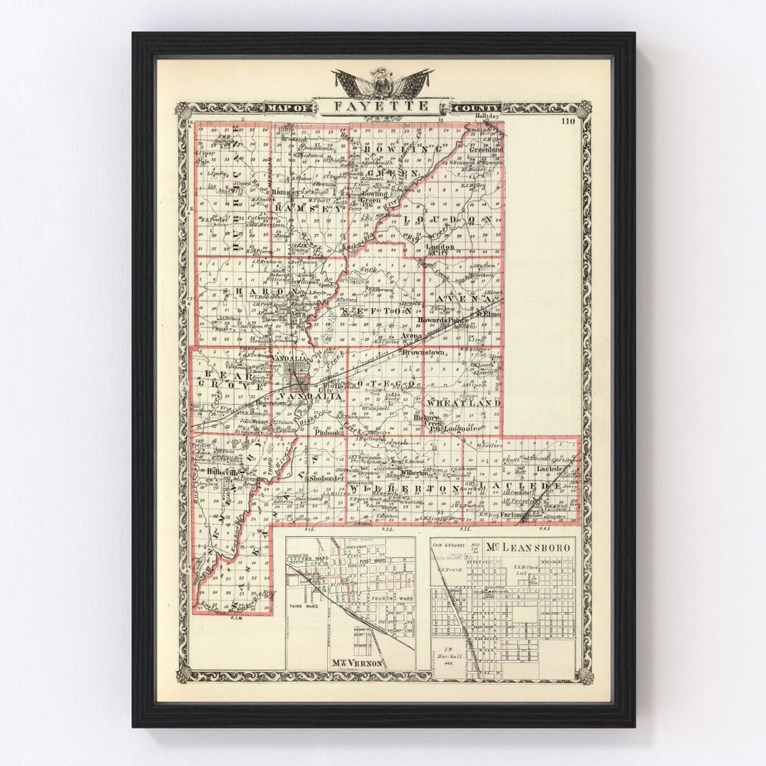 Fayette County IL Map 1876 Old Map of Vandalia Illinois Art Vintage ...