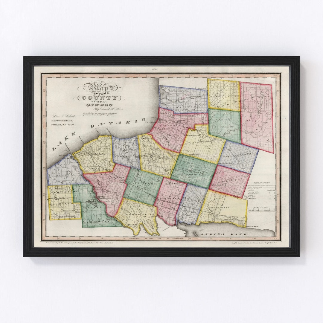 Oswego County NY Map 1840 Old Map of Oswego New York Art Vintage Print ...