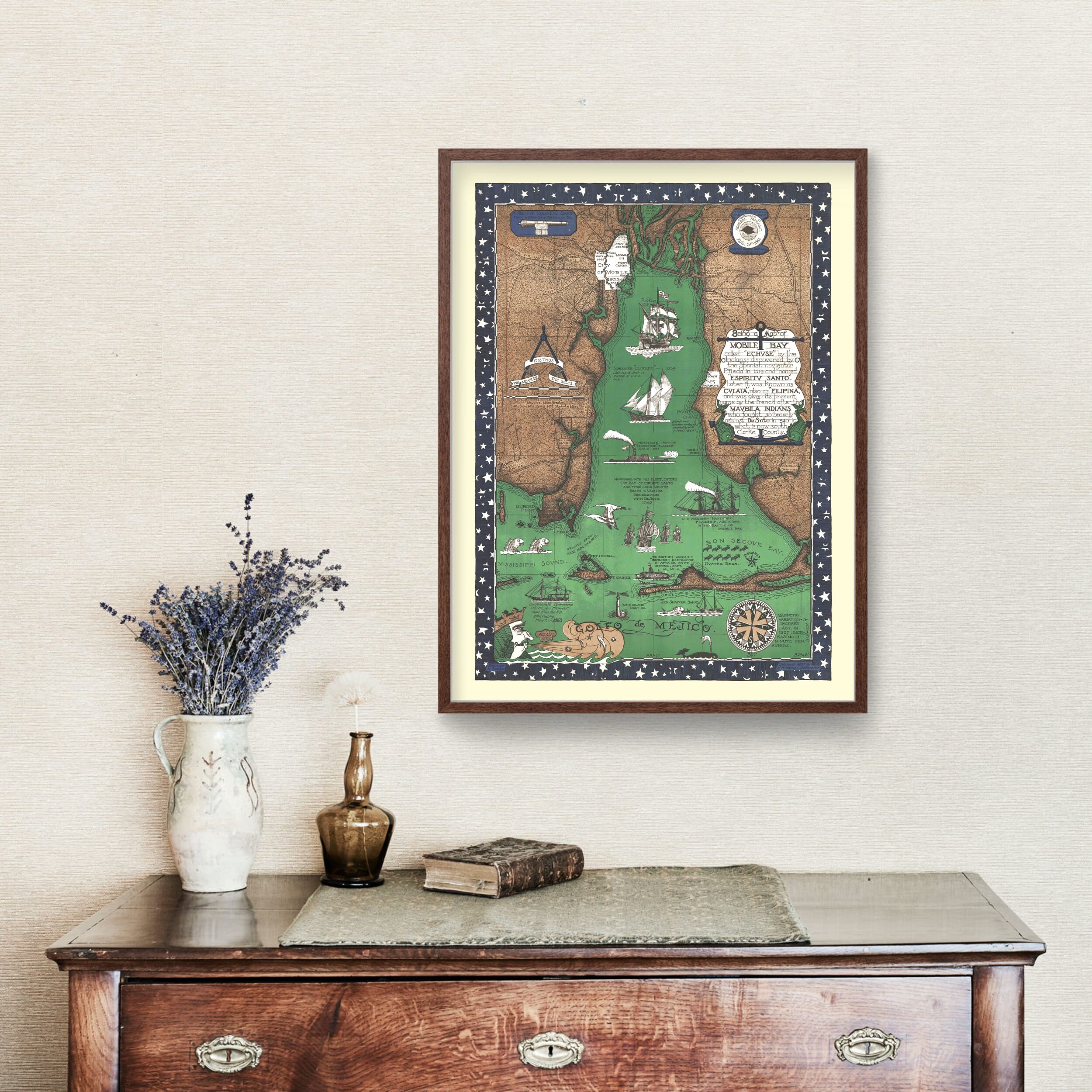 Mobile Bay Map 1937 - Old Map of Mobile Bay Art Vintage Print Framed ...