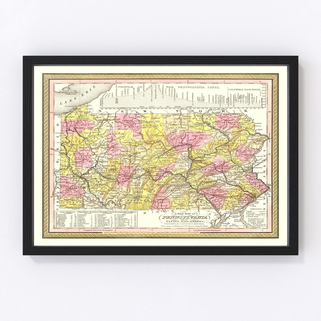 Pennsylvania Map 1836, Vintage Pennsylvania Map, Old Pennsylvania Art ...