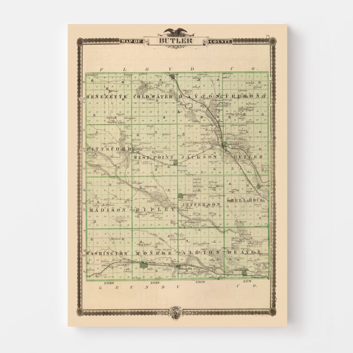 Butler County IA Map 1875 Old Map of Allison Iowa Art - Etsy