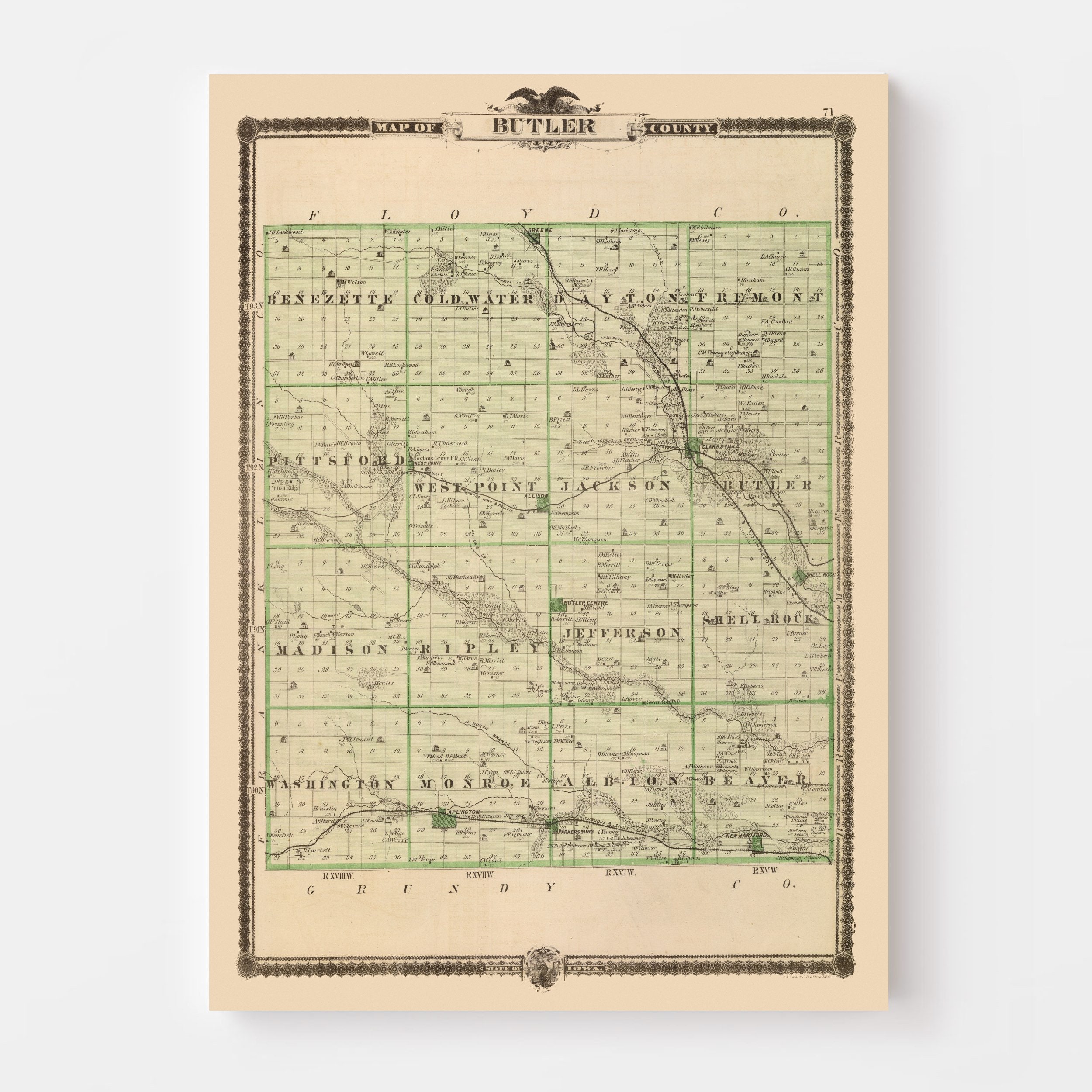 Butler County IA Map 1875 Old Map of Allison Iowa Art - Etsy