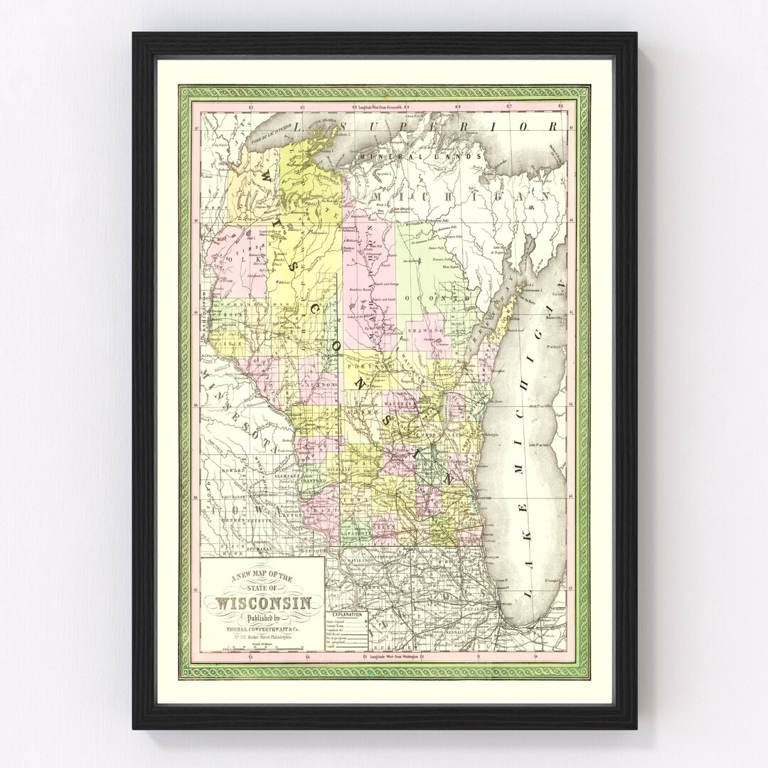 Wisconsin Map 1854, Vintage Wisconsin Map, Old Wisconsin Art, Wall Art ...