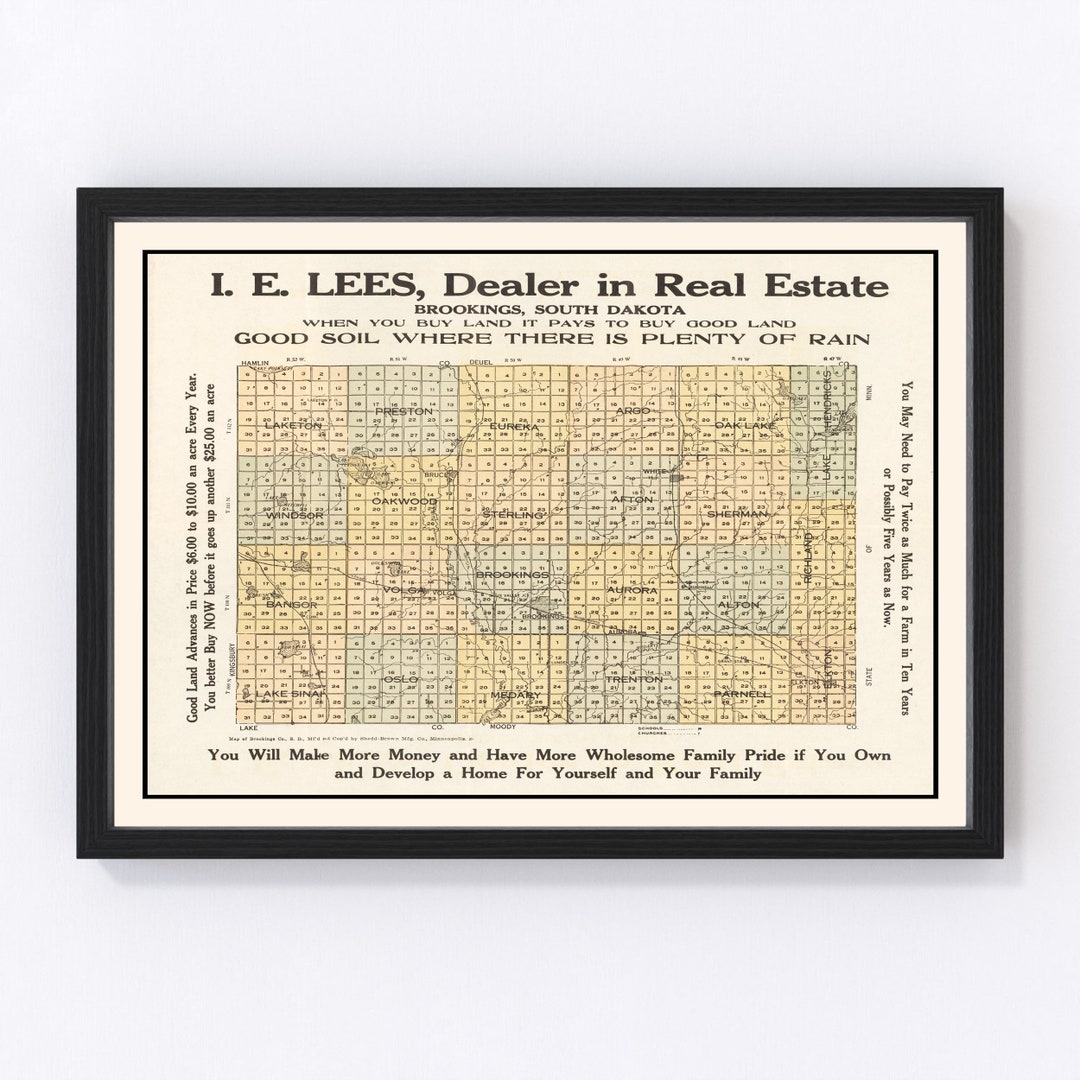 Brookings County Map 1917, Vintage Brookings County Map, Old Brookings ...