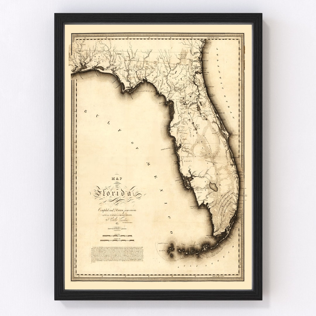Florida Map 1823 - Old Map of Florida Art Vintage Print Framed Wall Art ...
