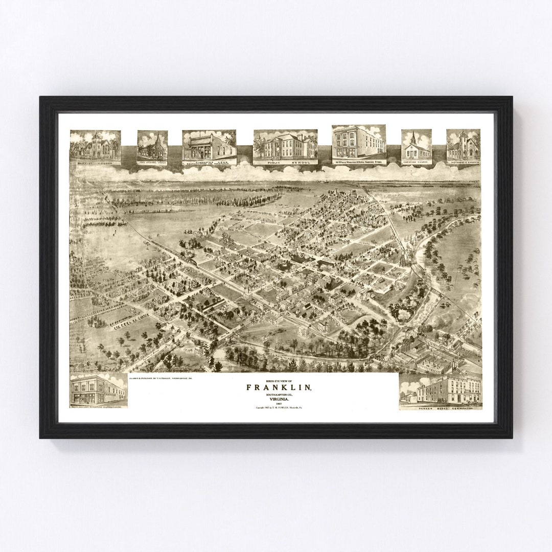 Franklin Map 1907 Old Map of Franklin Virginia Art Vintage Print Framed ...
