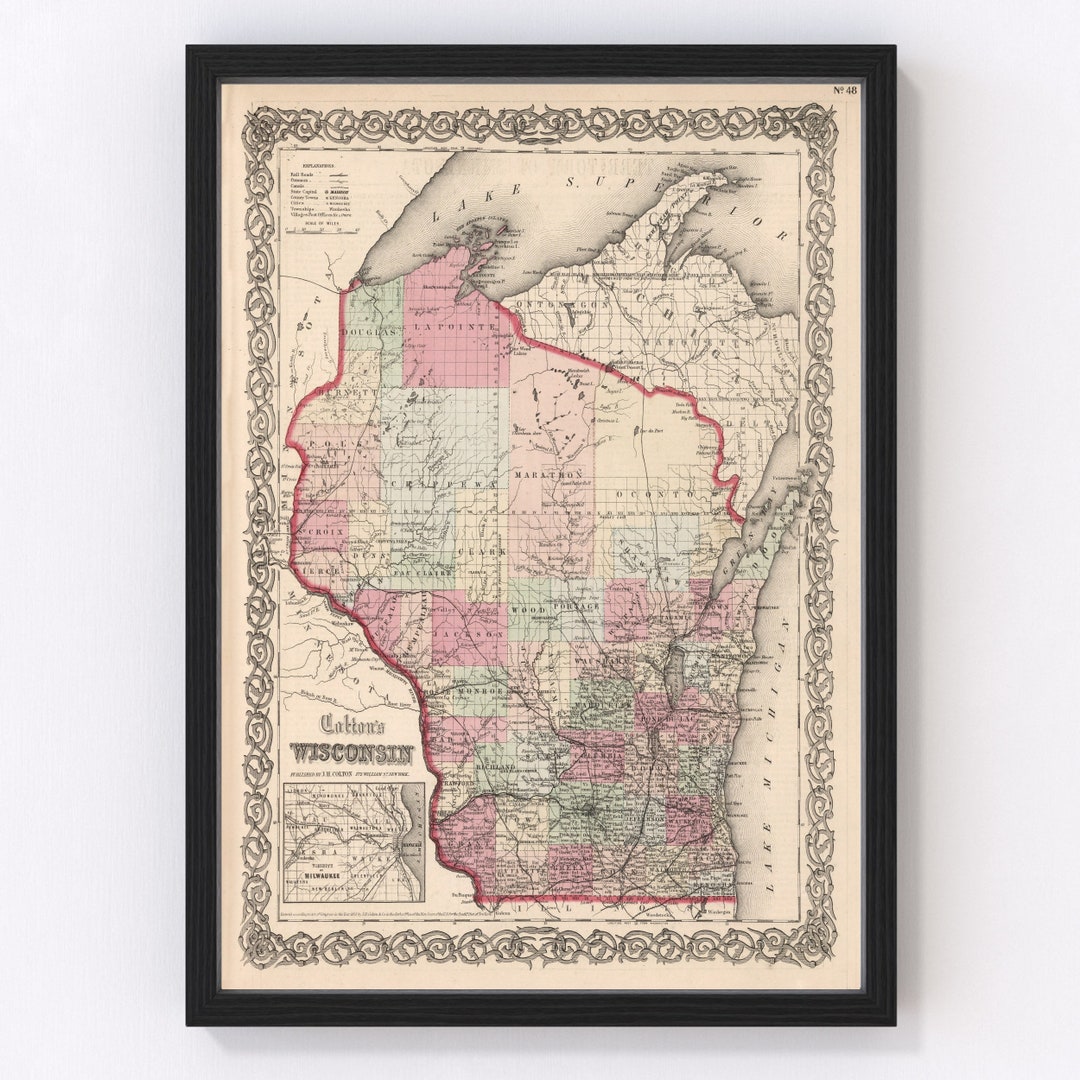 Wisconsin Map 1861 Old Map of Wisconsin Art Vintage Print Framed Wall ...