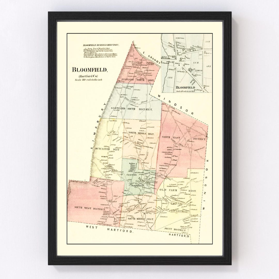 Bloomfield Map 1869 Old Map of Bloomfield Connecticut Art Vintage Print ...