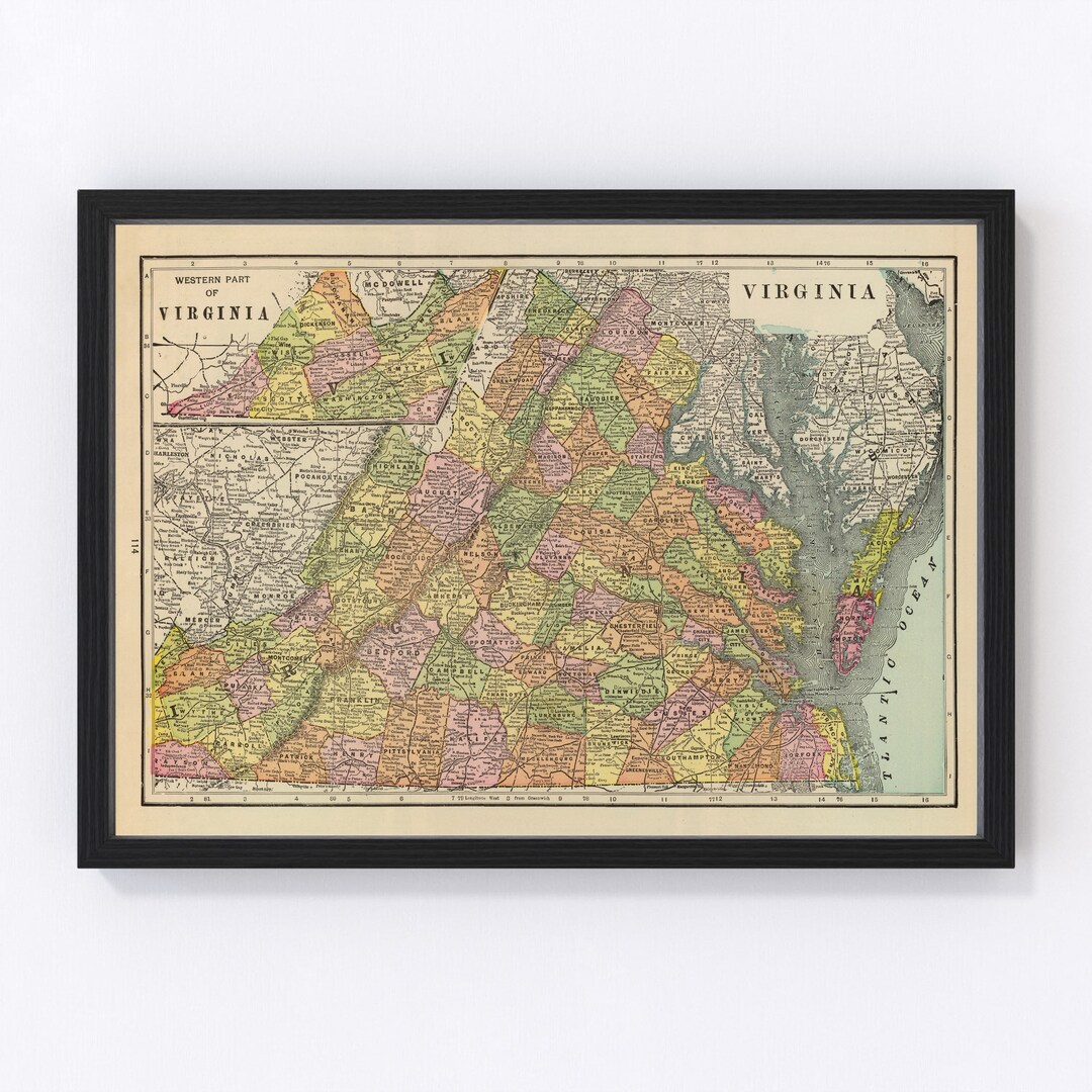 Virginia Map 1909, Vintage Virginia Map, Old Virginia Art, Wall Art ...