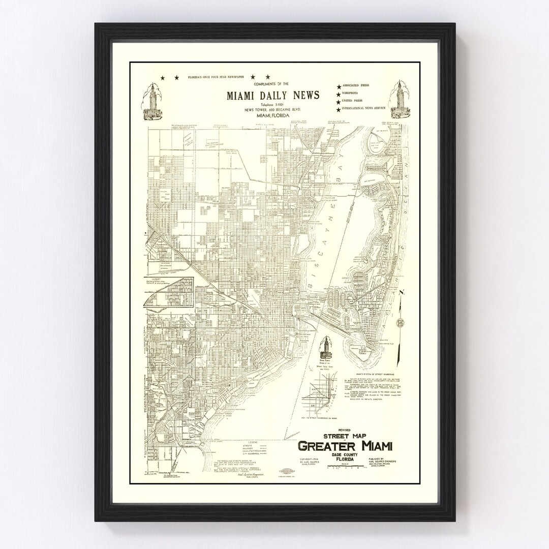 Miami Map 1934 Old Map of Miami Florida Art Vintage Print Framed Canvas ...