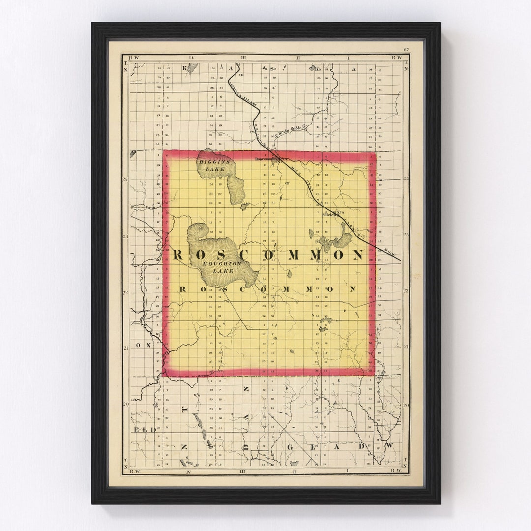 Roscommon County MI Map 1873 Old Map of Roscommon Michigan Art Vintage ...