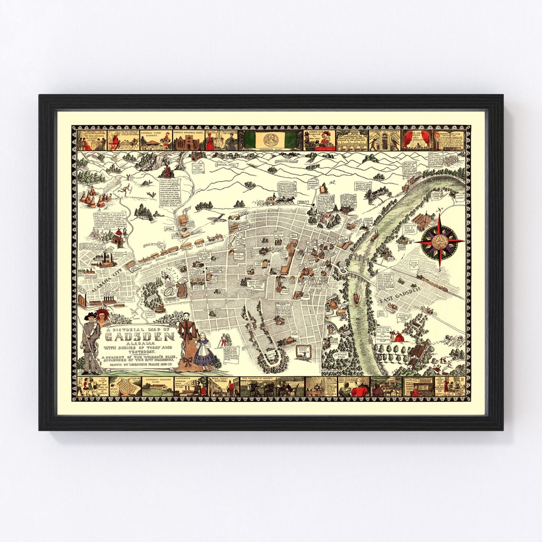 Gadsden Map 1939 Old Map of Gadsden Alabama Art Vintage Print Framed ...