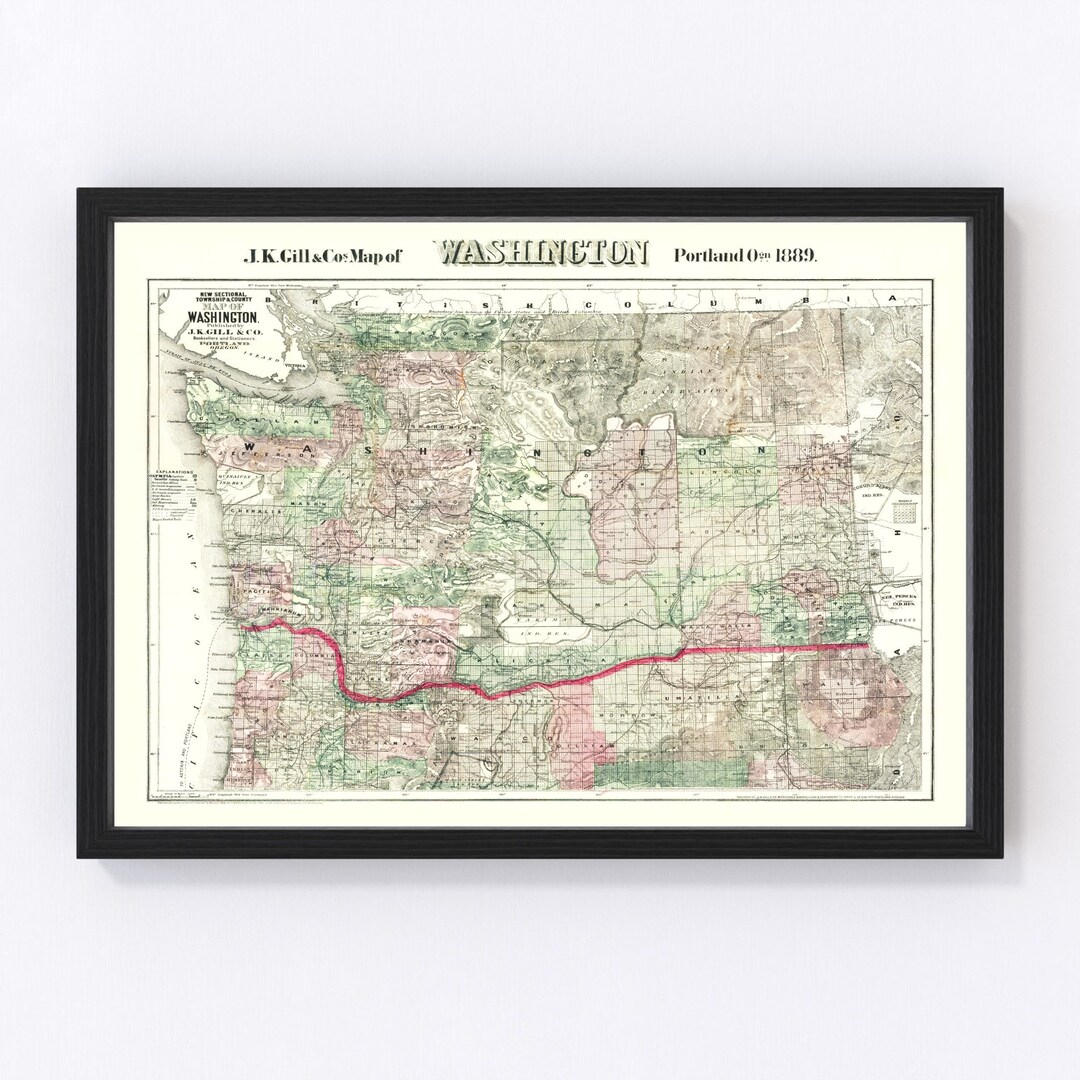 Washington Map 1889 Old Map of Washington Art Vintage Print Framed Wall ...