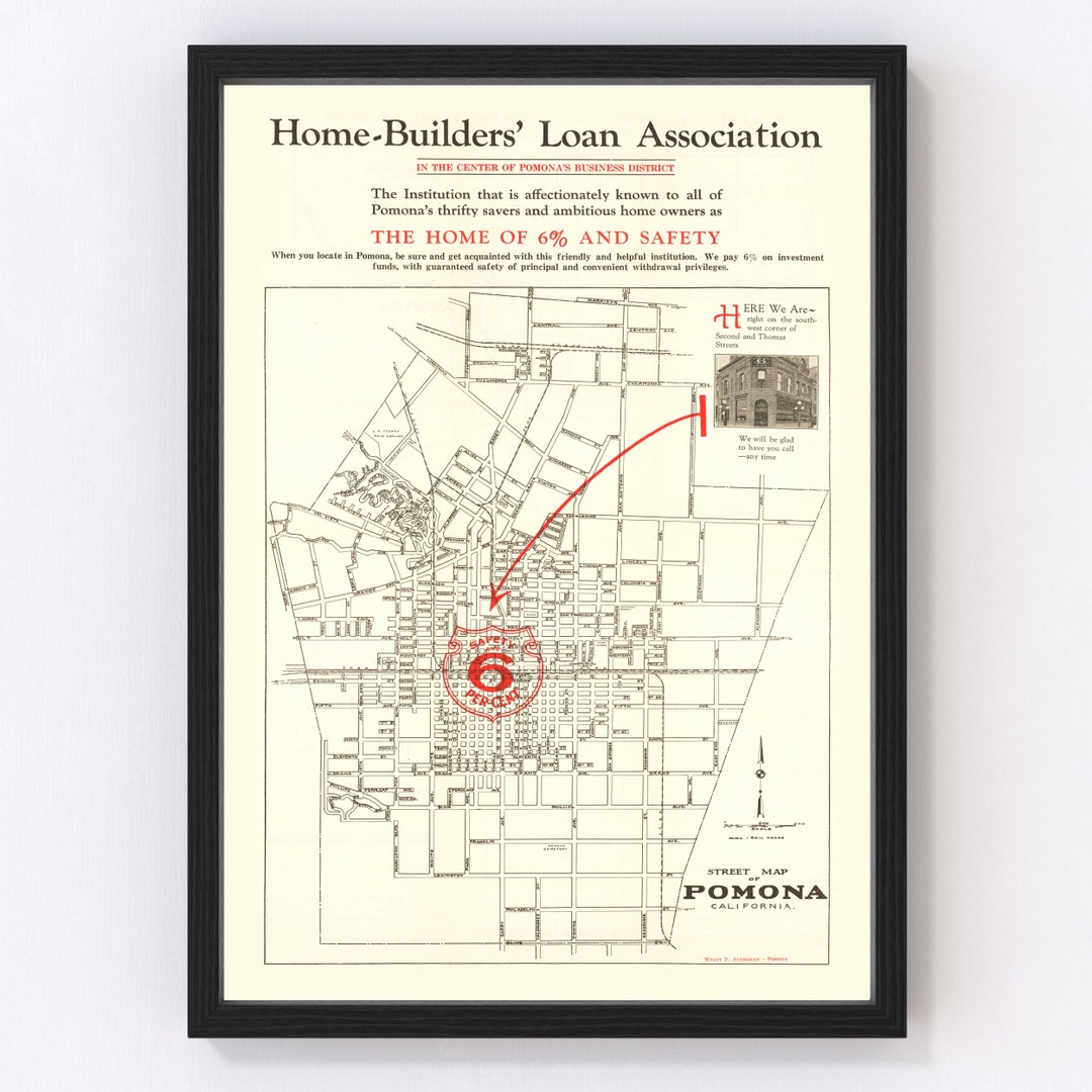 Pomona Map 1926, Vintage Pomona Map, Old Pomona California Art, Wall ...