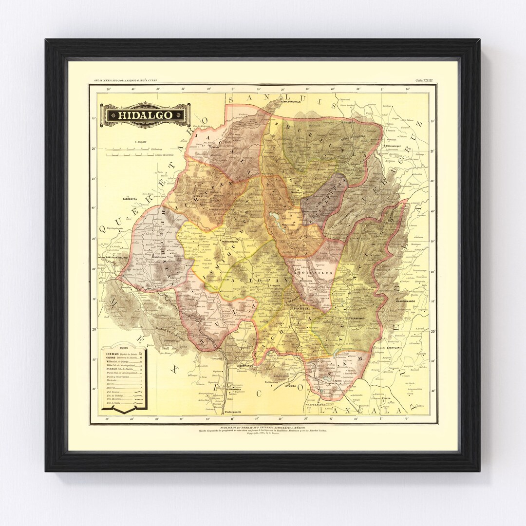 Hidalgo Mexico Map 1886, Vintage Hidalgo Mexico Map, Old Hidalgo Mexico ...