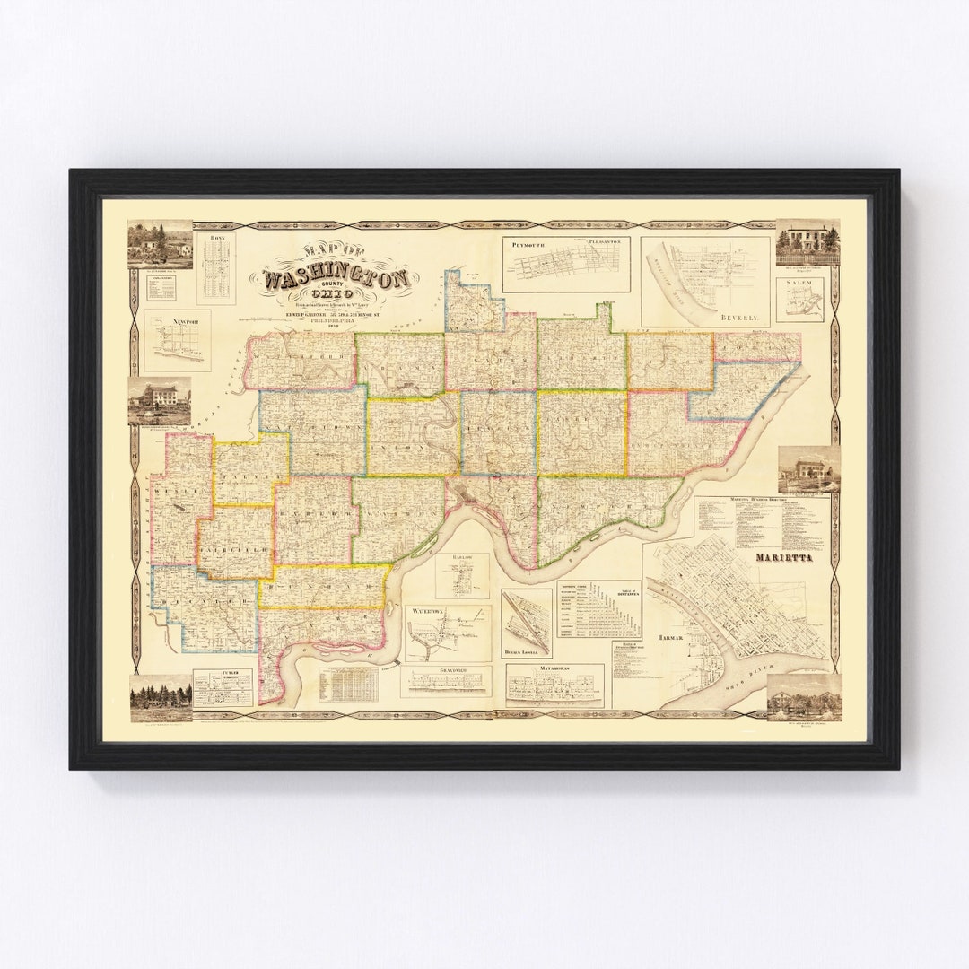 Washington County Ohio Map 1858 Old Map of Washington County Ohio Art ...