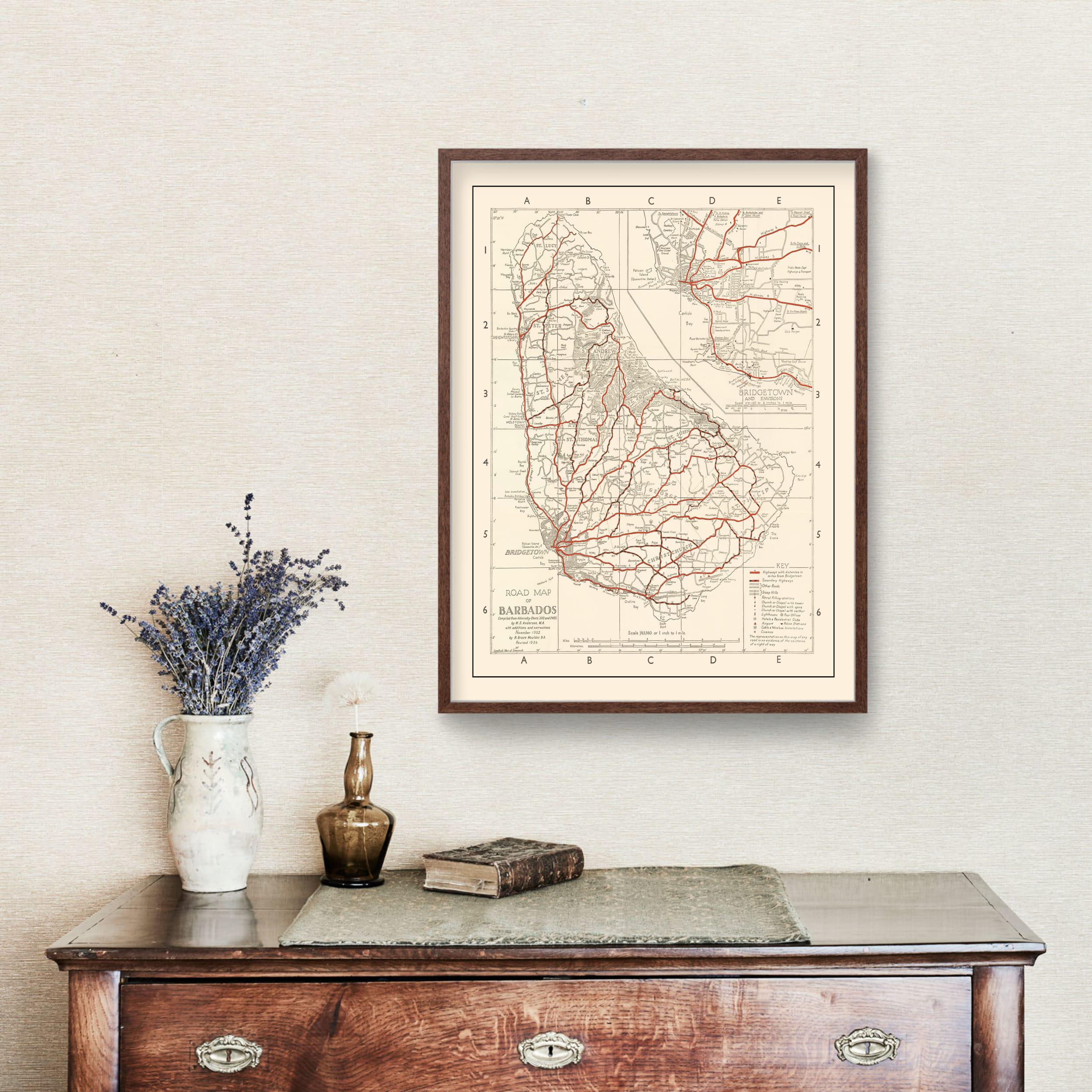 Barbados Map 1956, Vintage Barbados Map, Old Barbados Art, Wall Art ...
