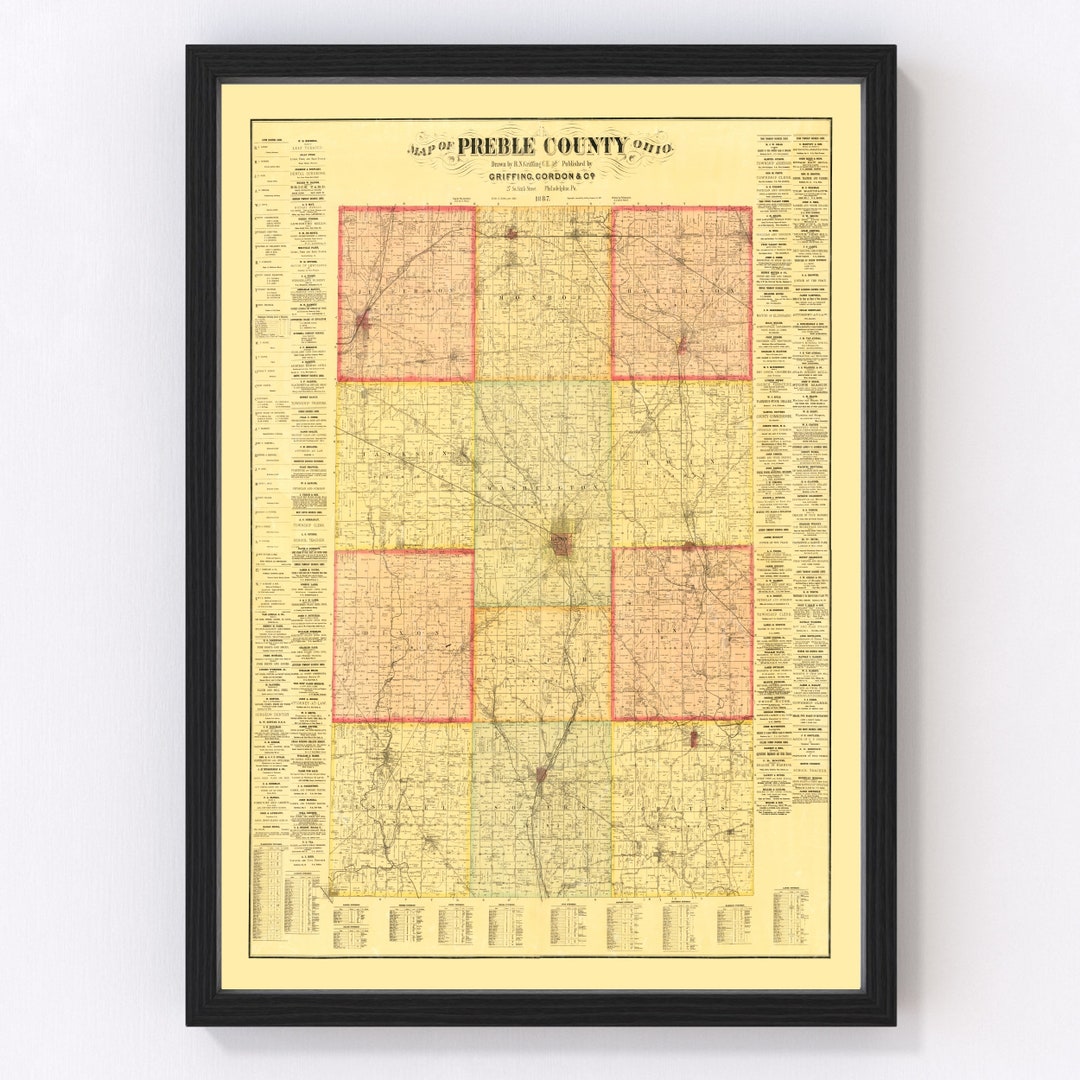 Preble County Map 1887, Vintage Preble County Map, Old Preble County ...