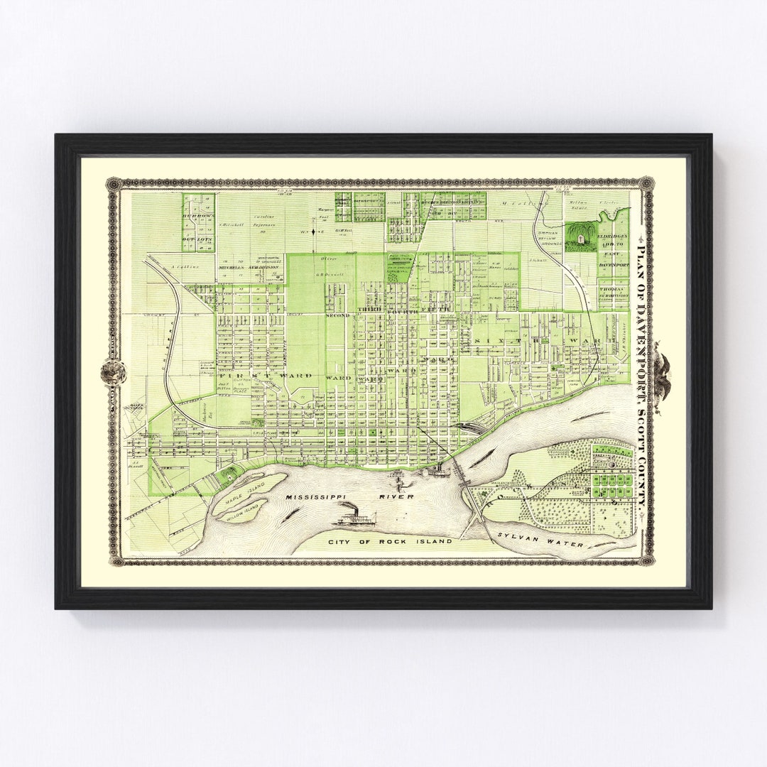 Davenport Map 1875, Vintage Davenport Map, Old Davenport Iowa Art, Wall ...