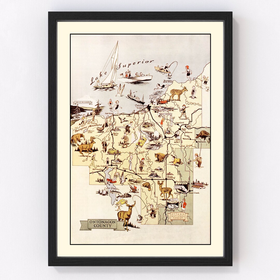 Ontonagon County MI Map 1936 - Old Map of Ontonagon Michigan Art ...