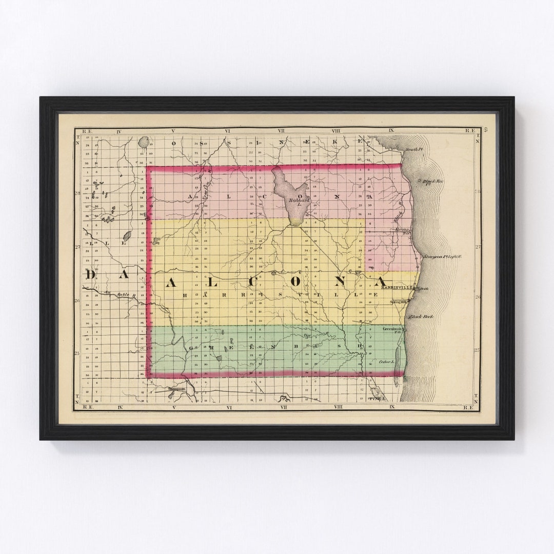 Alcona County Map 1873, Vintage Alcona County Map, Old Alcona County ...