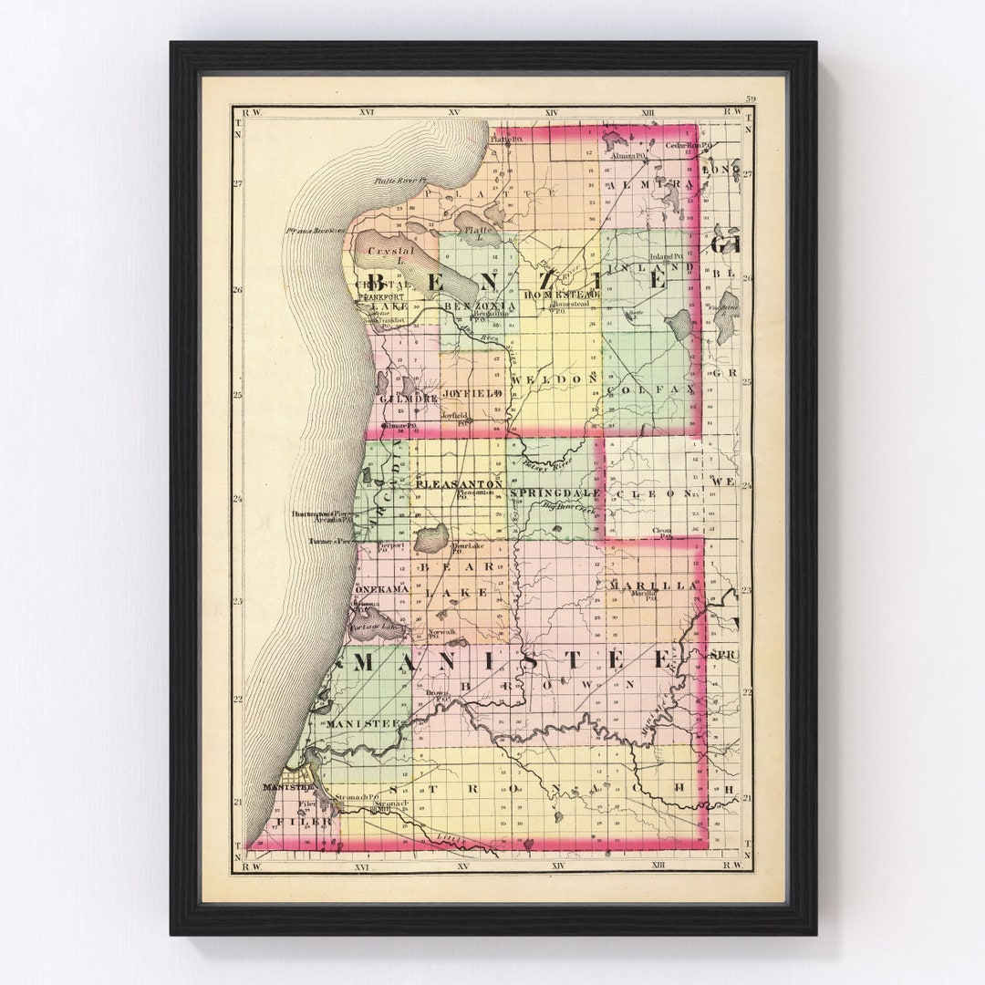 Manistee County MI Map 1873 Old Map of Manistee Michigan Art Vintage ...