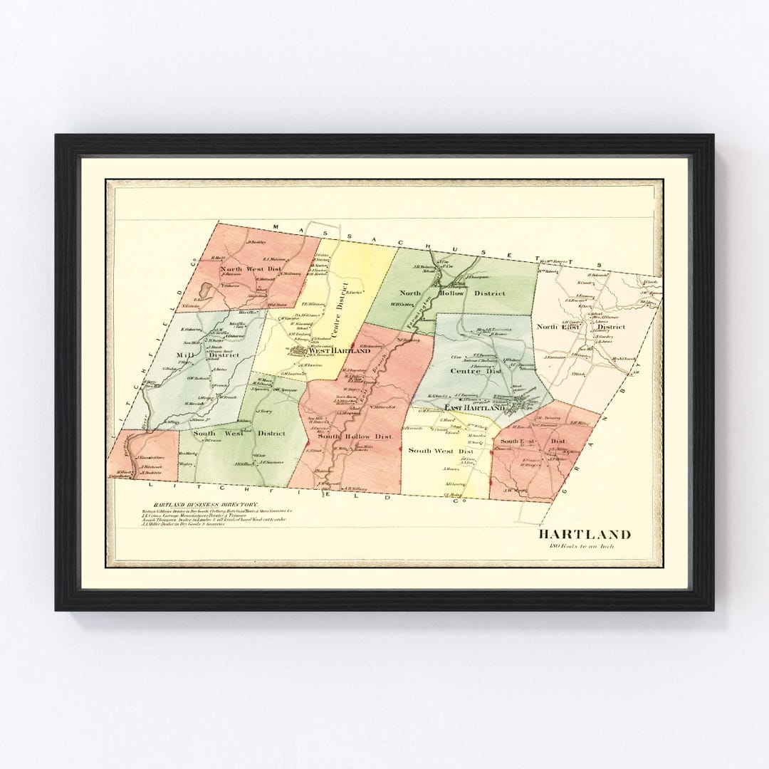 Hartland Map 1869, Vintage Hartland Map, Old Hartland Connecticut Art ...