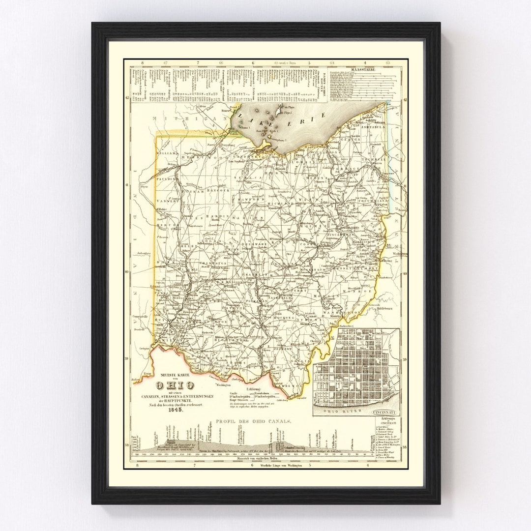 Ohio Map 1845 - Old Map of Ohio Art Vintage Print Framed Wall Art ...