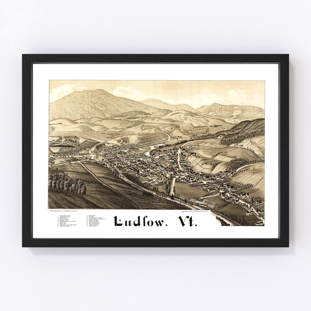 Ludlow Map 1885 Old Map of Ludlow Vermont Art Vintage Print Framed ...