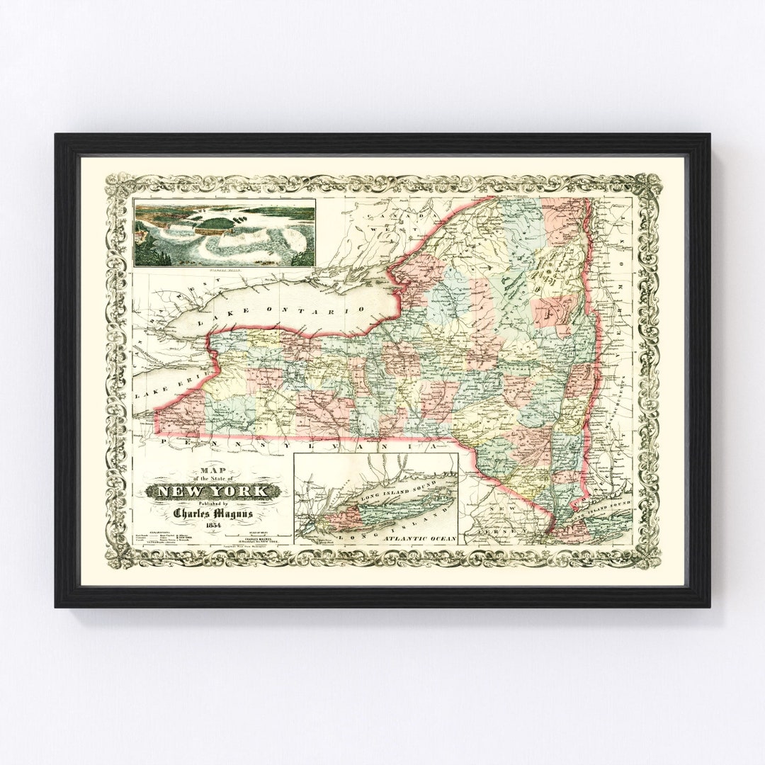 New York Map 1854, Vintage New York Map, Old New York Art, Wall Art ...