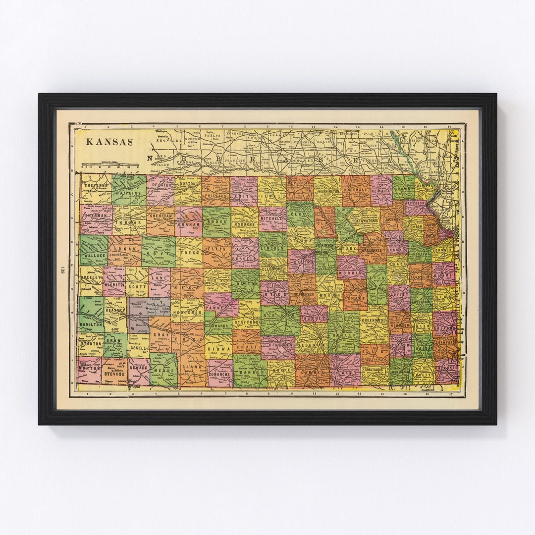 Kansas Map 1909 Old Map of Kansas Art Vintage Print Framed Wall Art ...