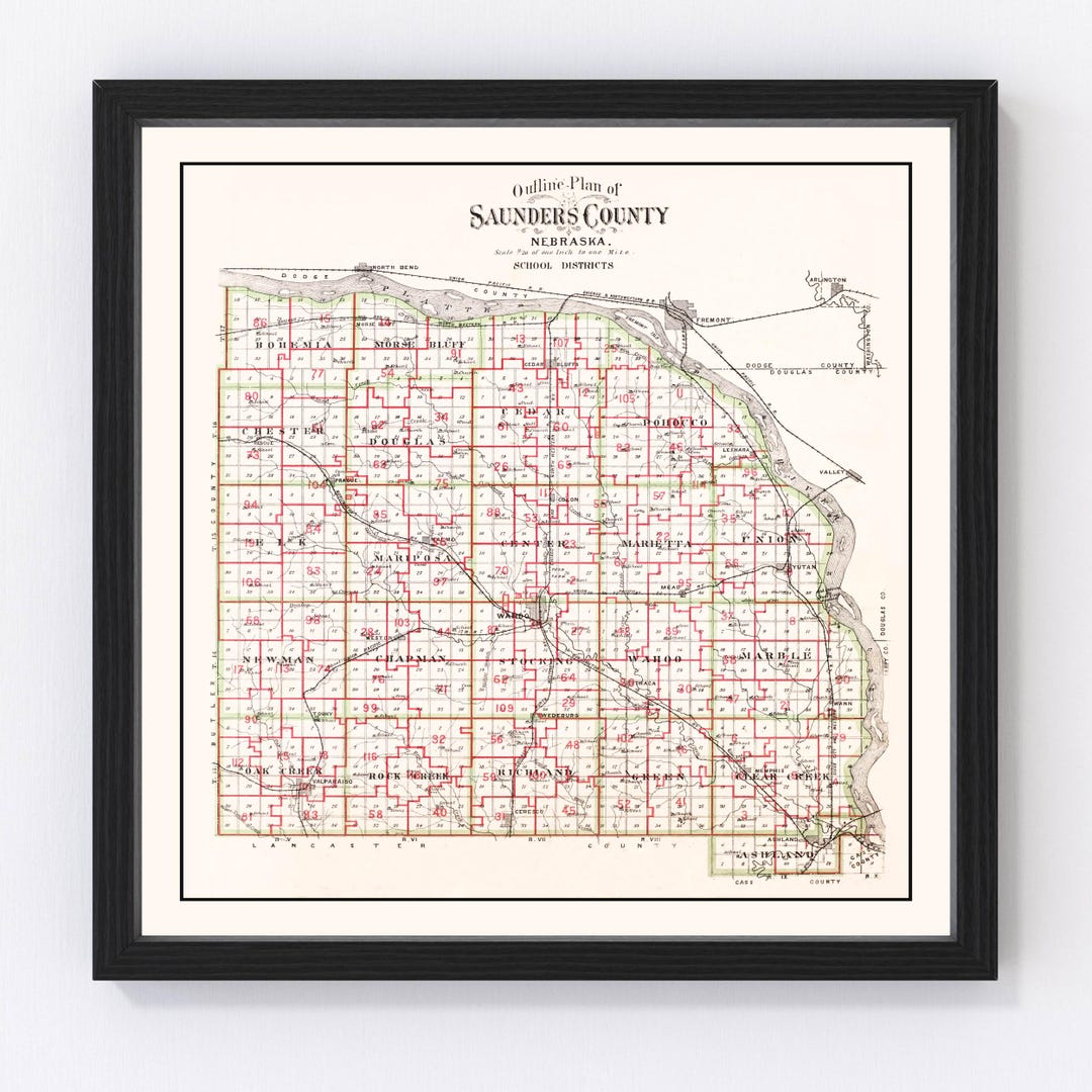Saunders County Map 1907, Vintage Saunders County Map, Old Saunders ...