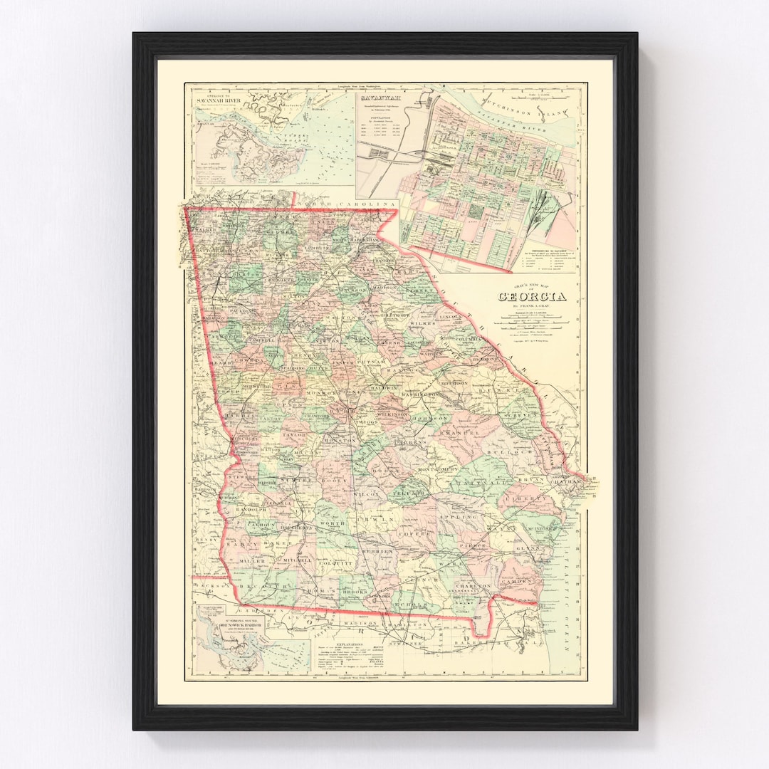 Georgia Map 1876, Vintage Georgia Map, Old Georgia Art, Wall Art Gift ...