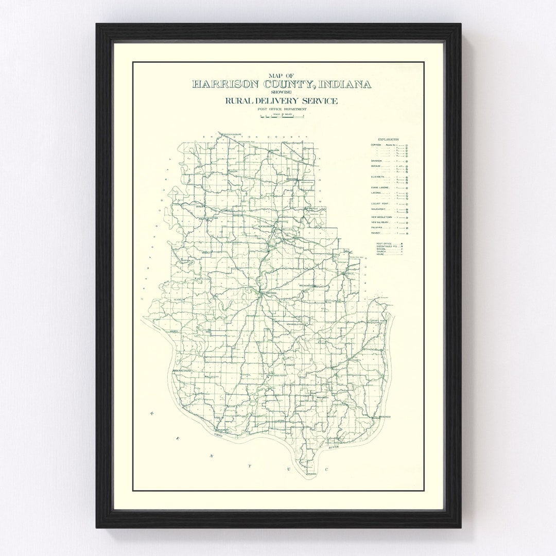 Harrison County IN Map 1909 Old Map of Indiana Art Vintage Print Framed ...