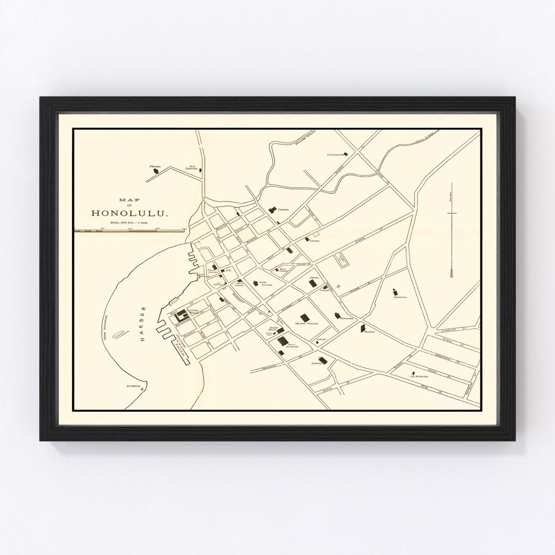 Honolulu Map 1893 Old Map of Honolulu Hawaii Art Vintage Print Framed ...