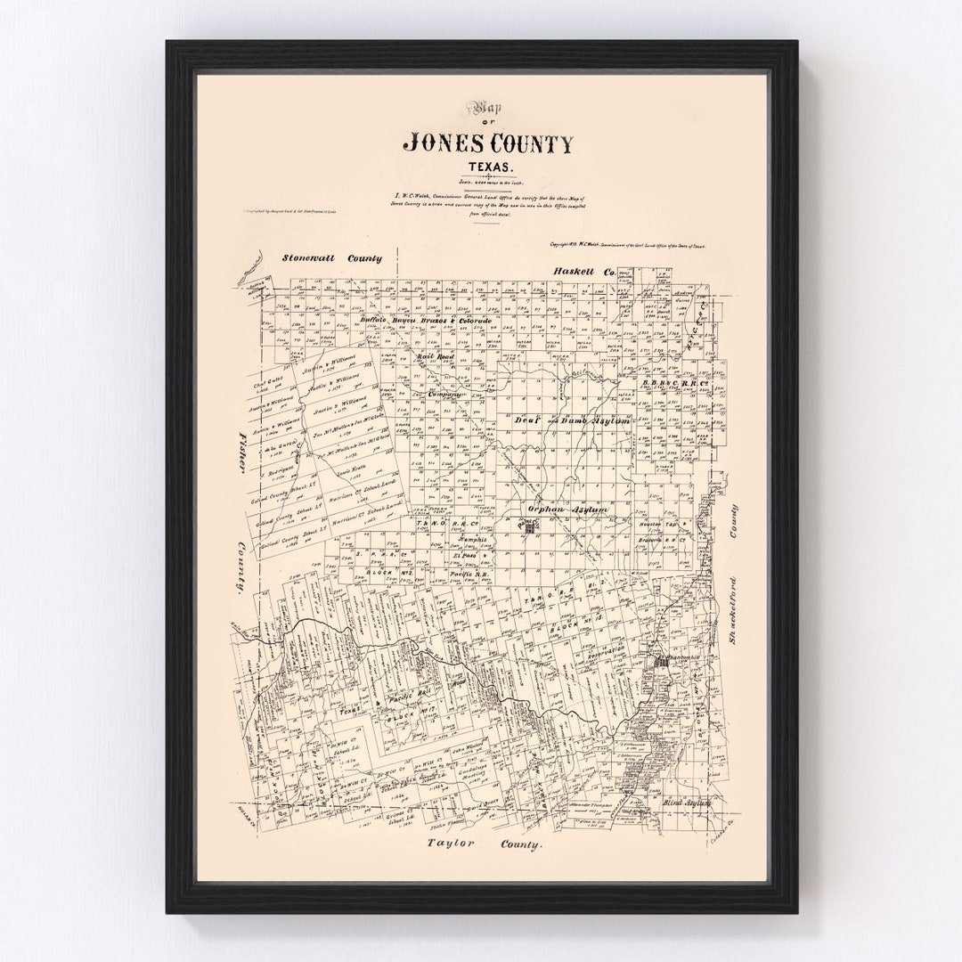 Jones County Texas Map 1879 Old Map of Jones County Texas Art Vintage ...