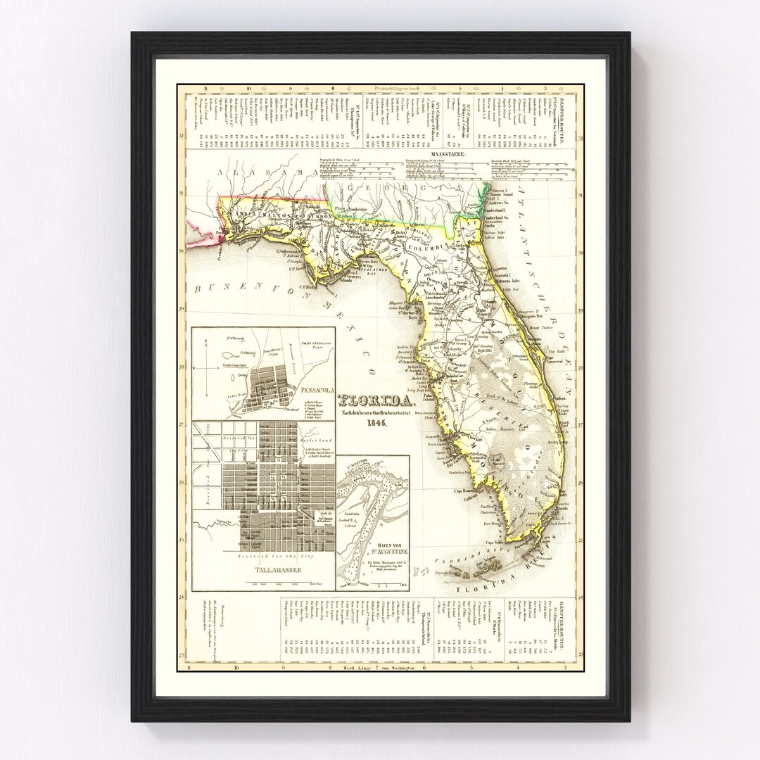 Florida Map 1845, Vintage Florida Map, Old Florida Art, Wall Art Gift ...