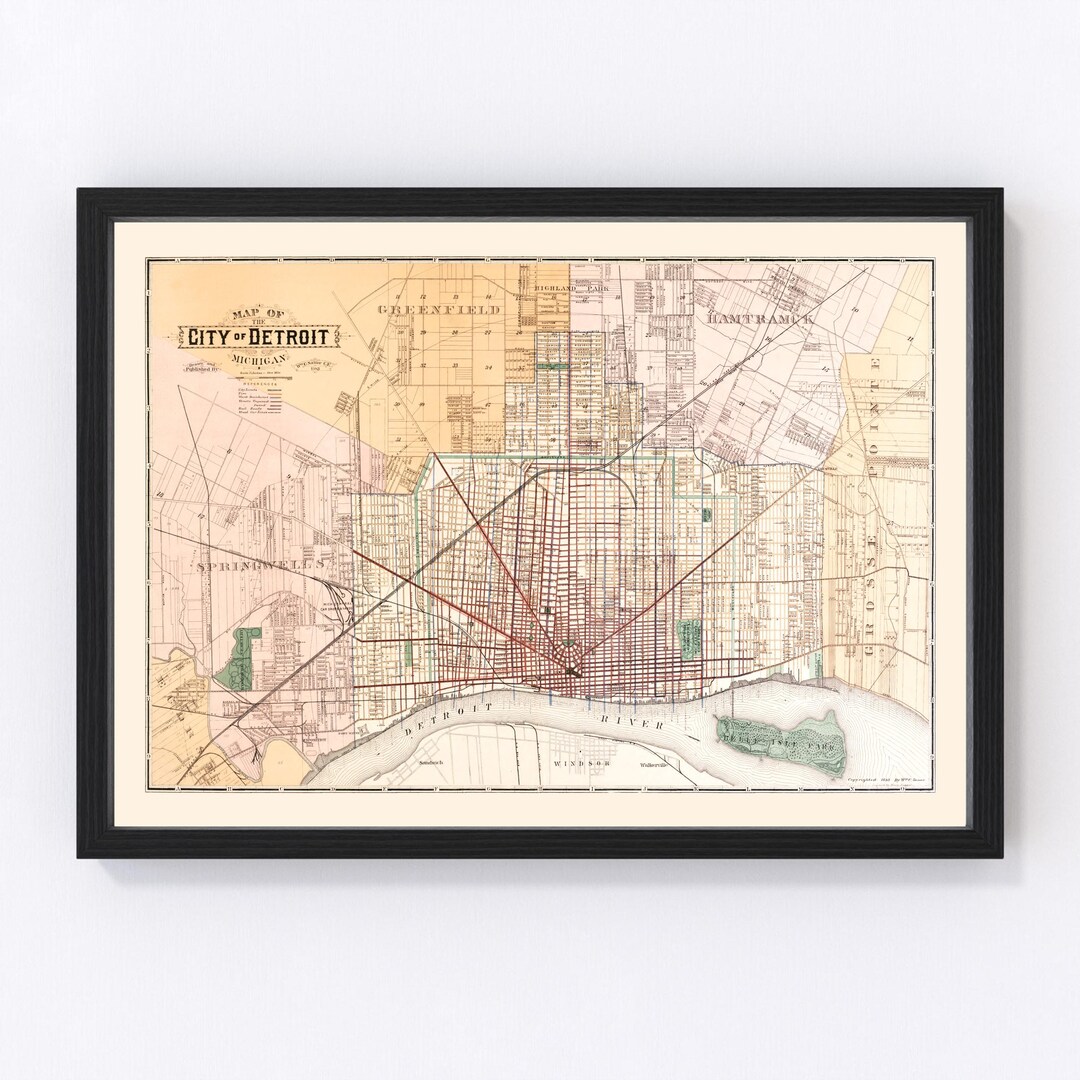 Detroit Map 1893, Vintage Detroit Map, Old Detroit Michigan Art, Wall ...