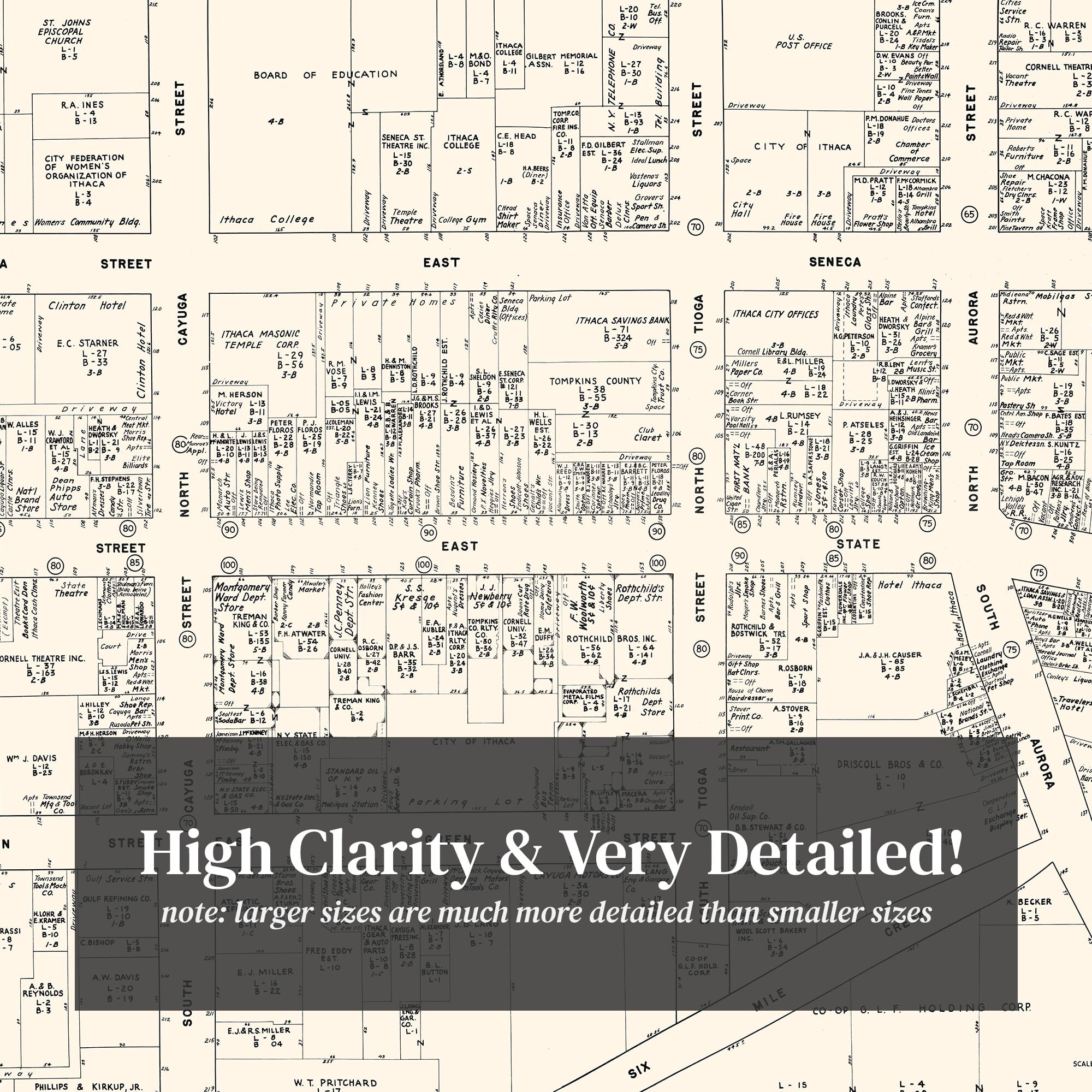 Ithaca Map 1947 - Old Map of Ithaca Business Section New York Art ...