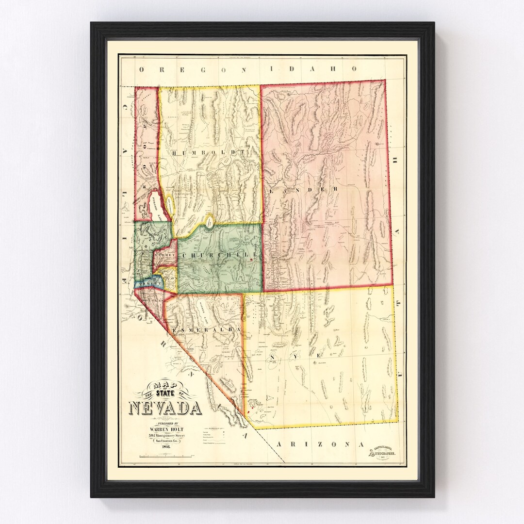 Nevada Map 1866 Old Map of Nevada Art Vintage Print Framed Wall Art ...