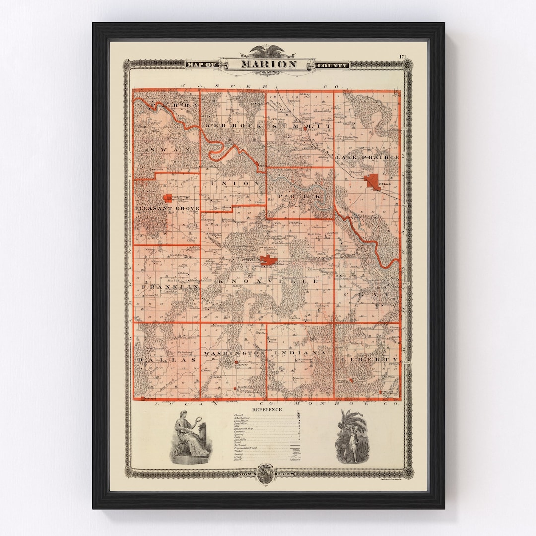 Marion County IA Map 1875 Old Map of Knoxville Iowa Art Vintage Print ...