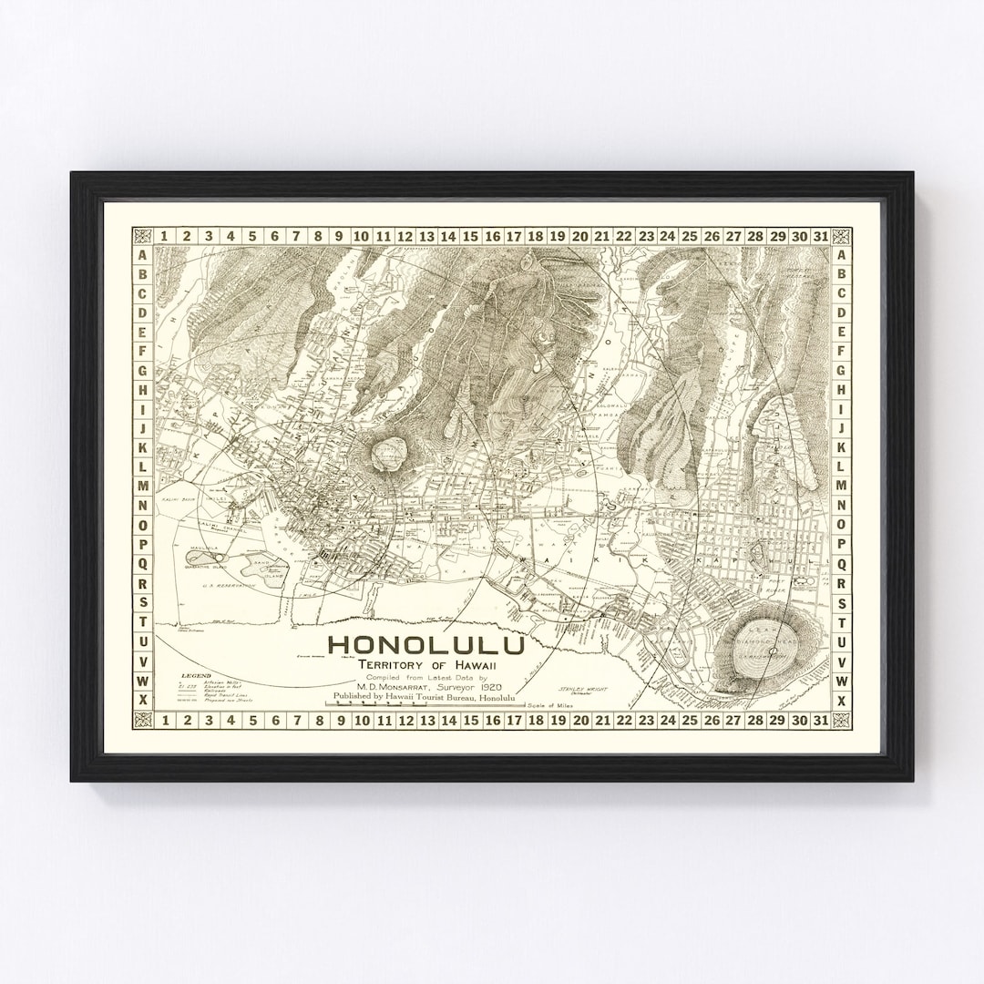 Honolulu Map 1922 Old Map of Honolulu Hawaii Art Vintage Print Framed ...