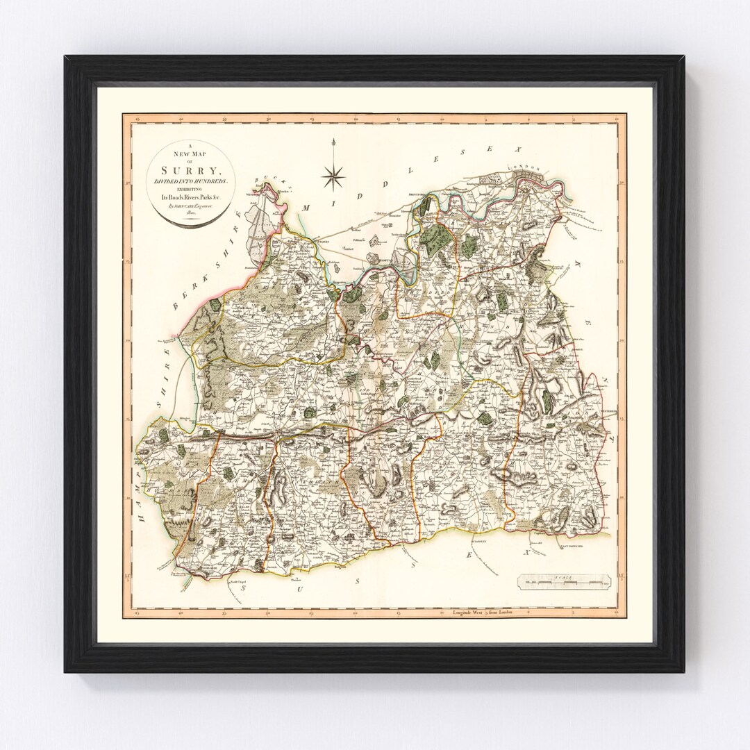Surry County England Map 1801, Vintage Surry County England Map, Old ...