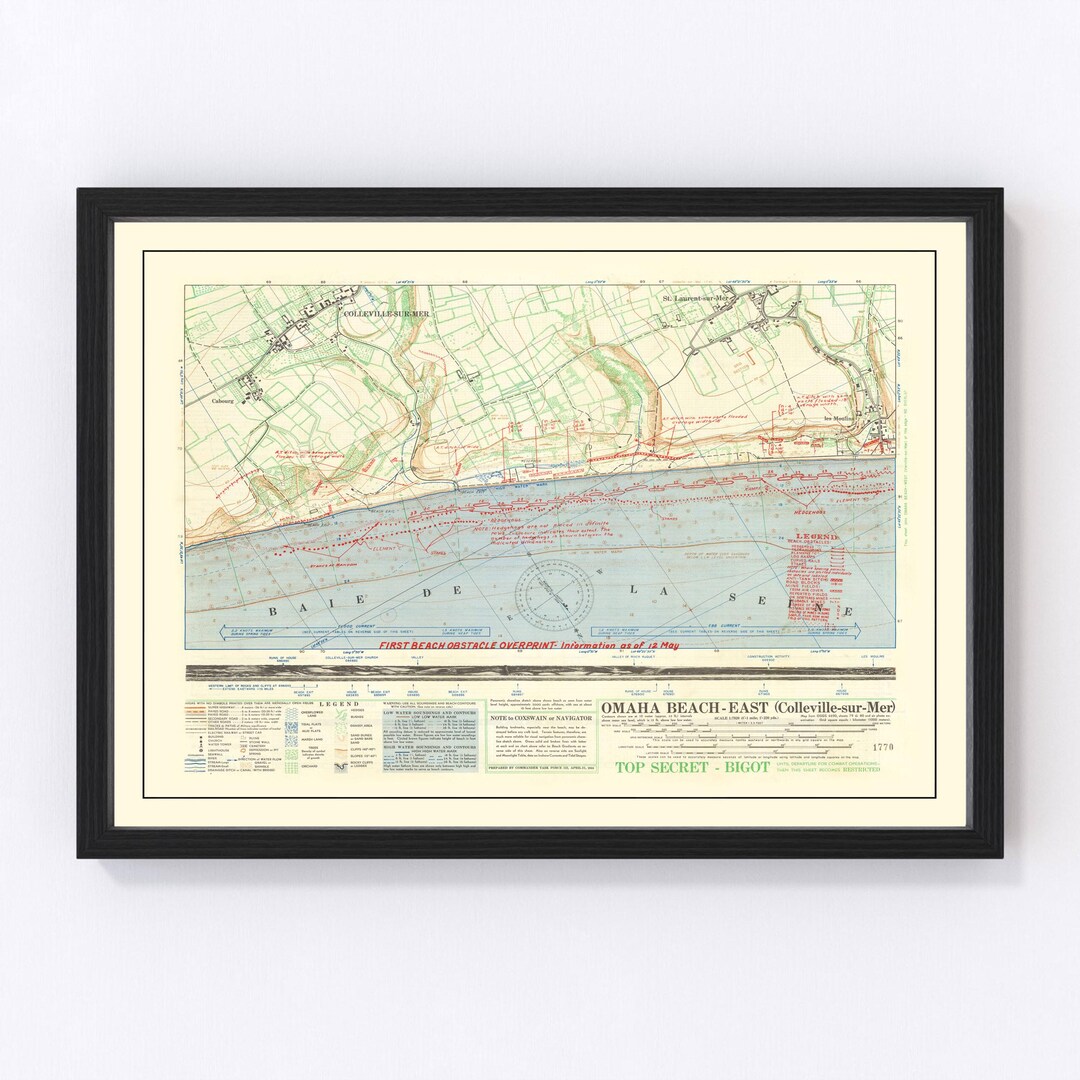 Omaha Beach D-day Map From 1944 Art Vintage Print Framed Wall Art Canvas Portrait History Travel ...
