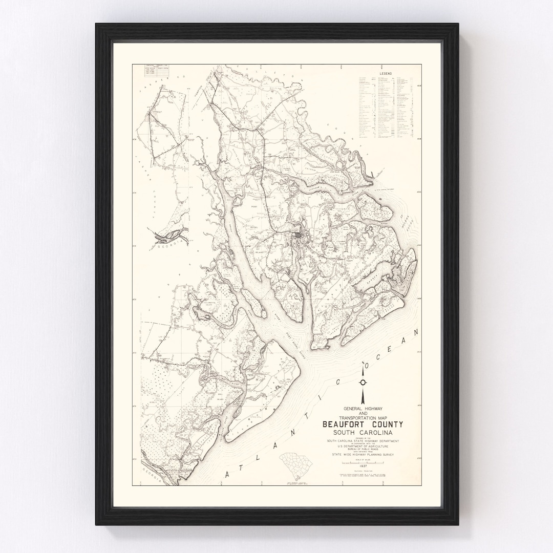 Beaufort County SC Map 1938 Old Map of South Carolina Art Vintage Print ...
