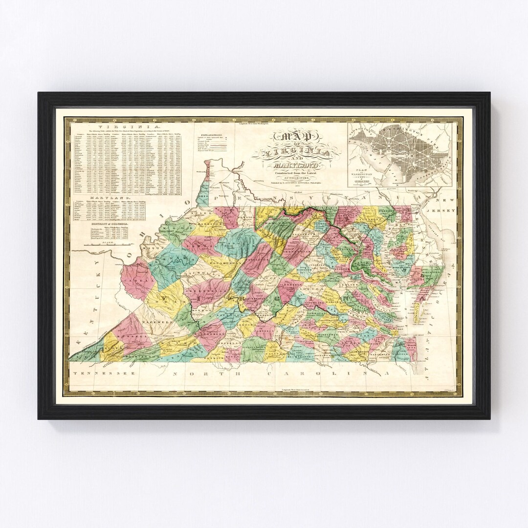 Virginia Map 1832, Vintage Virginia Map, Old Virginia Art, Wall Art ...
