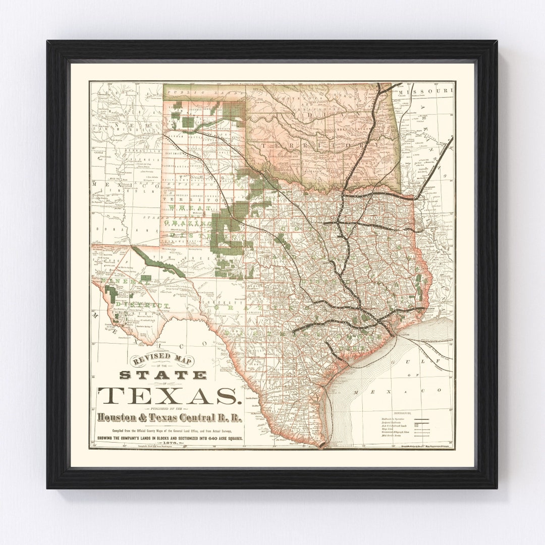 Texas Map 1877 - Old Map of Texas Art Vintage Print Framed Wall Art ...