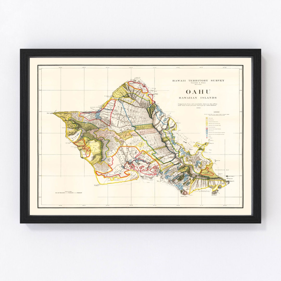 Oahu Map 1902 - Old Map of Oahu Art Vintage Print Framed Wall Art ...