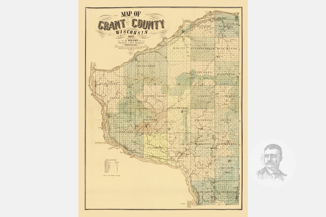 Vintage Grant County Map 1857 Mapa antiguo del condado de | Etsy
