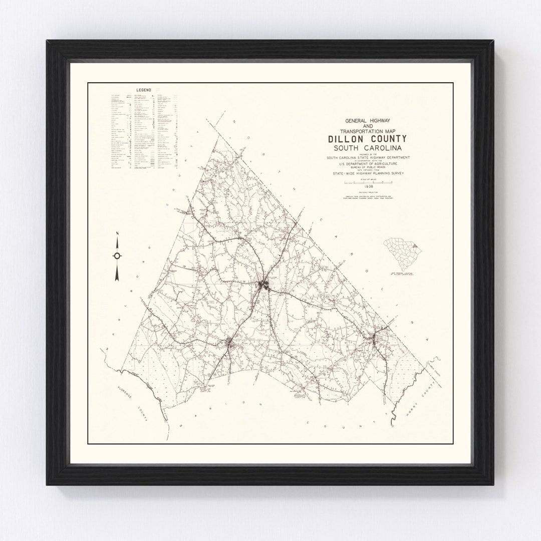 Dillon County SC Map 1938 Old Map of South Carolina Art Vintage Print ...